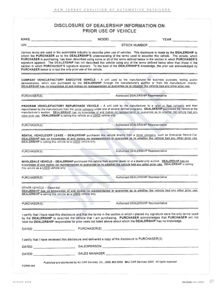 NJ CAR Compliance Forms Series: Prior Use Disclosure Form And Prior Use ...