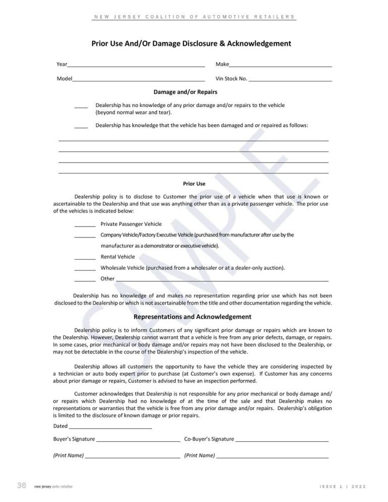 NJ CAR Compliance Forms Series: Prior Use Disclosure Form And Prior Use ...