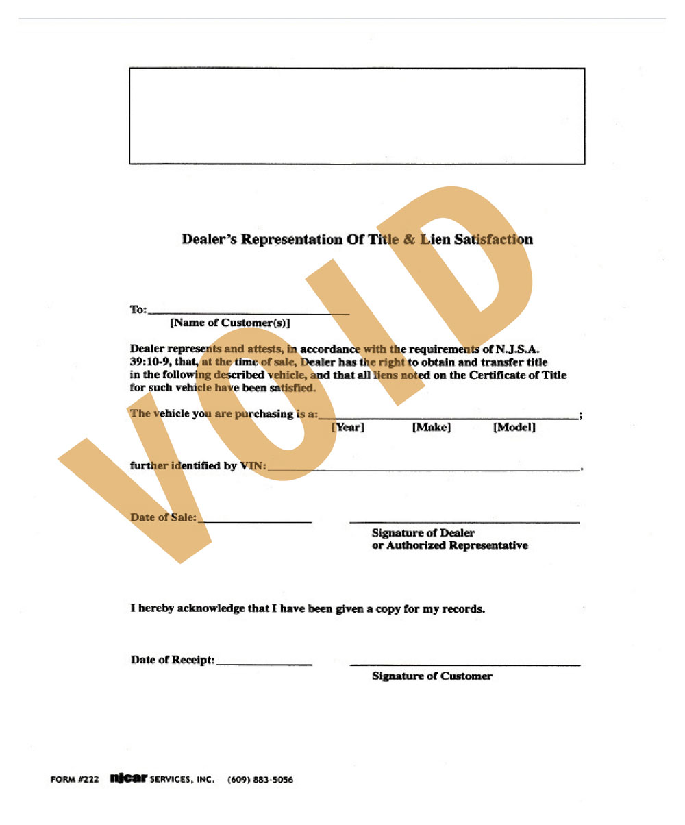 NJ CAR Compliance Forms Series: Dealer’s Representation of Title and ...